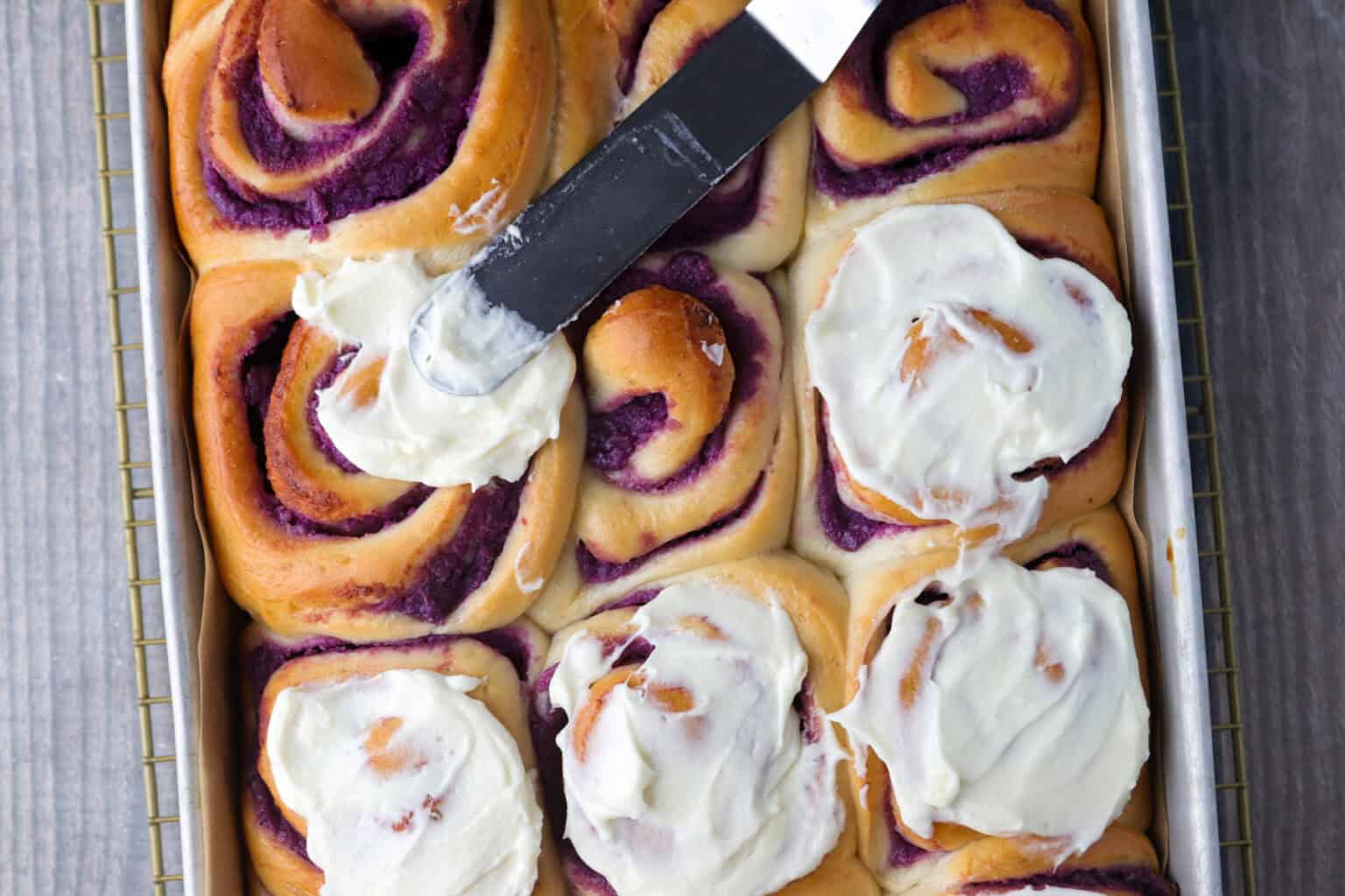 Ube (Purple Yam) Bread Rolls with Cream Cheese Frosting | Woman Scribbles